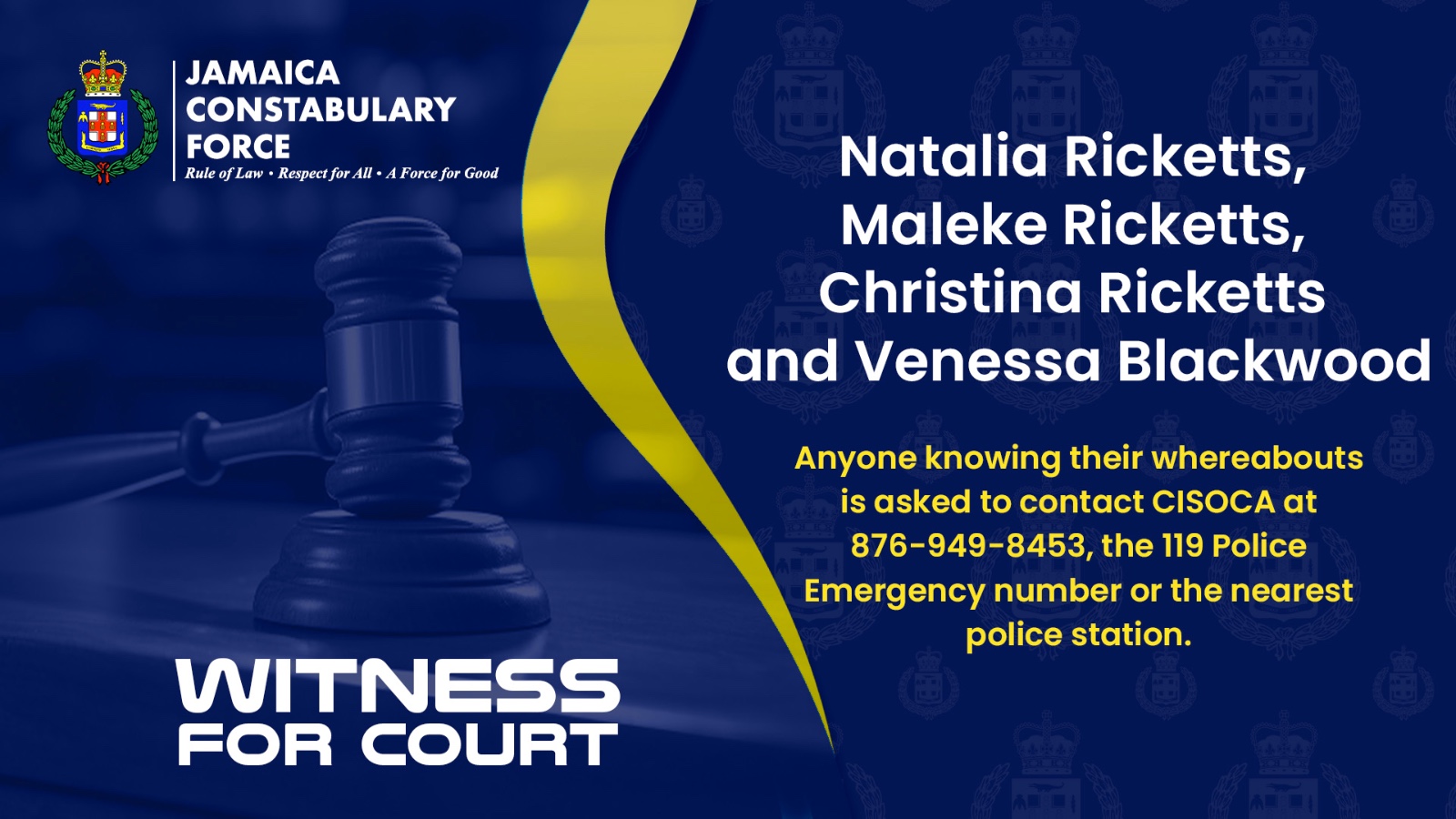 Witnesses for Court - Jamaica Constabulary Force