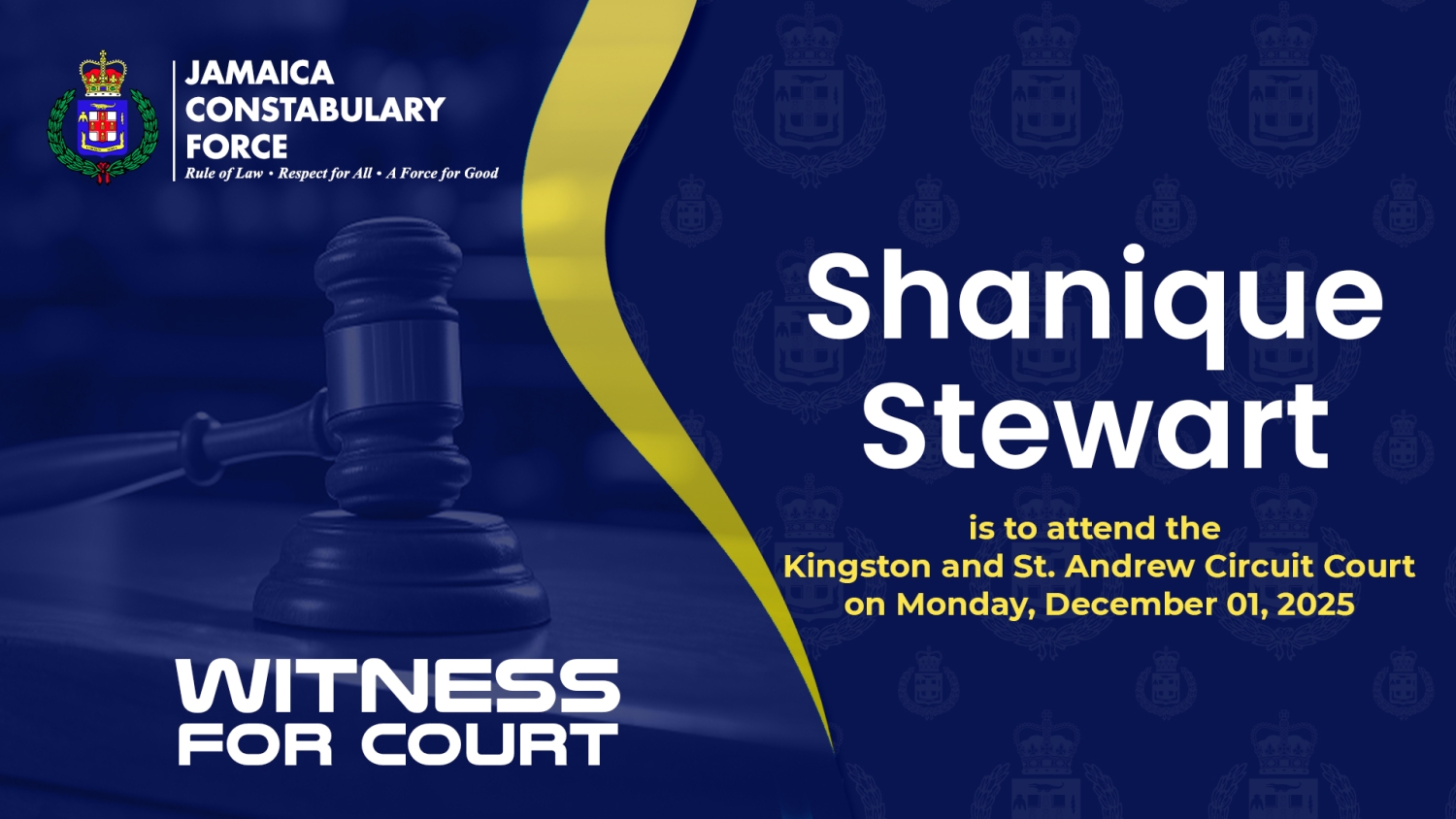 Police Seek Witness for Court - Jamaica Constabulary Force