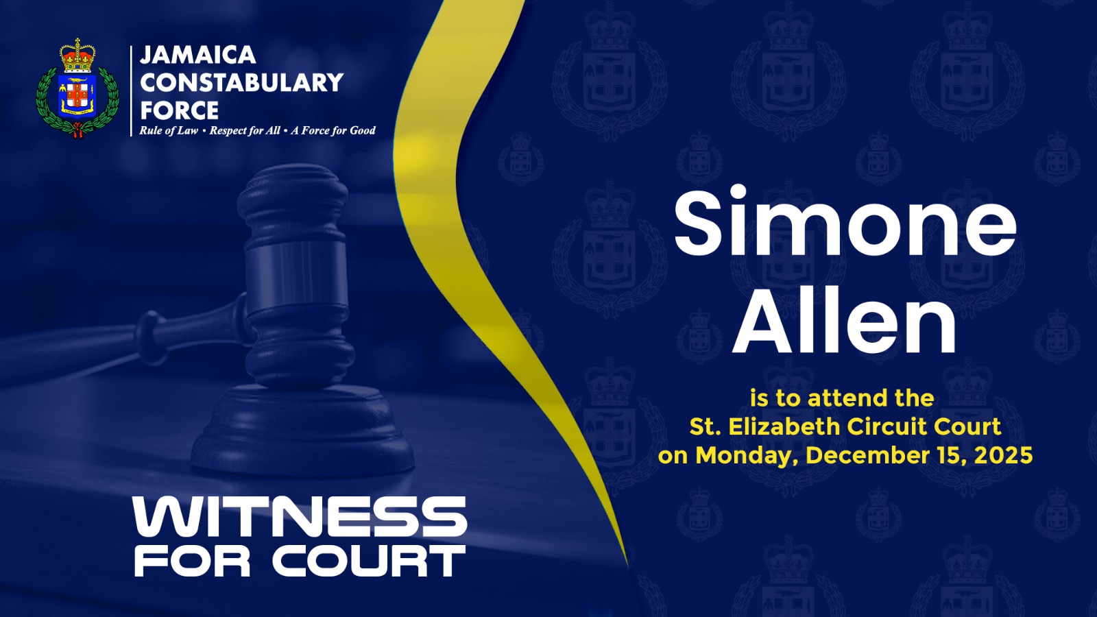 Police Seek Witness for Court - Jamaica Constabulary Force